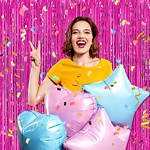 3 Pack Fuchsia Foil Fringe Curtains Backdrop, 3.28 x 8.2 Ft Metallic Streamers Tinsel Curtains Background for Photo Booth, Birthday, Halloween, Christmas, Thanksgiving, New Year Party Decorations