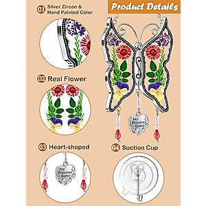 KY&BOSAM Butterfly Suncatcher Stained Glass Hangings for Windows My Precious Sister Sun Catcher Pressed Real Flower Wing in Glass Dream Catchers Birthday Mother`s Day Wind Chimes Charm