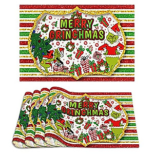 Linen Grinch Placemats Set of 4 Merry Grinchmas Table Mats Grinch Christmas Decorations and Supplies for Home Kitchen Table-12×18''