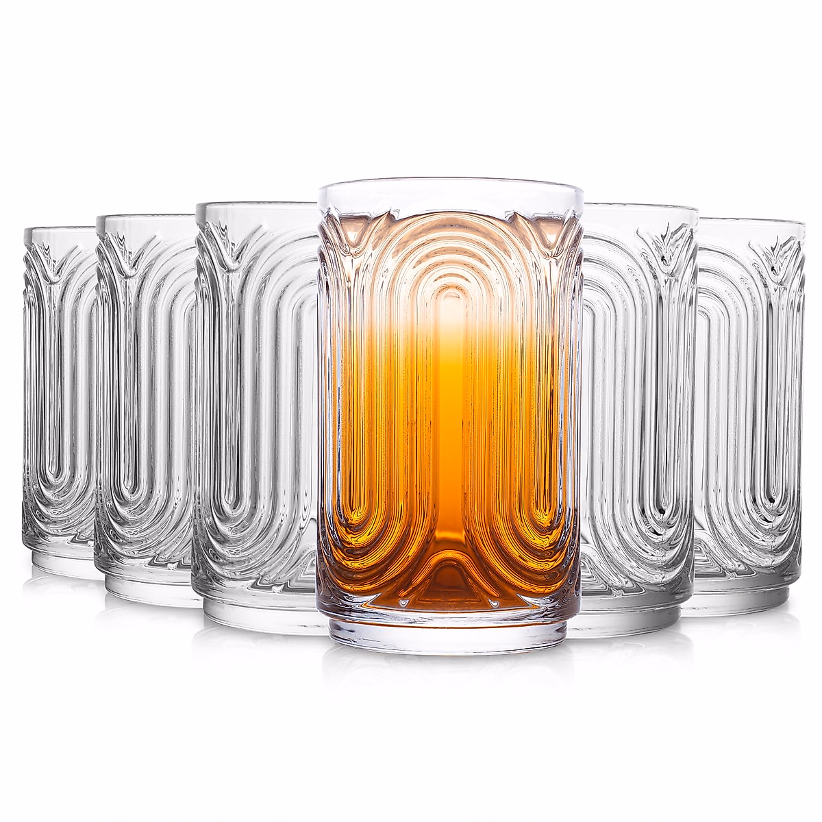 INSETLAN Set of 6 Vintage Glassware - 14 oz Water Drinking Glasses, Art Deco Ripple Glass Cup, Cocktail Glasses, for Bar Beverages Ice Coffee Juice, Housewarming Presents, New House Essentials