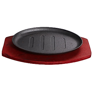 Yardwe Cast Iron Steak Pan, Round Sizzling Plate Fajita Skillet Steak Plate with Wooden Base for Kitchen Restaurant