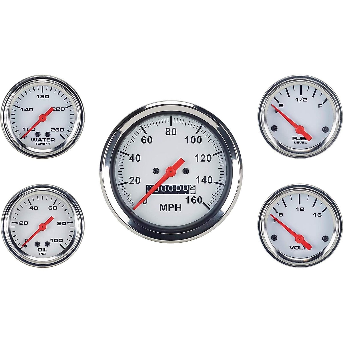 5-Gauge Set Complete Kit: 3-3/8" Mechanical Speedometer, 2-1/16" Component Gauges with White Face, Red Pointer & Chrome Bezel, Includes Tubing, Adapters, Fuel Level Sender