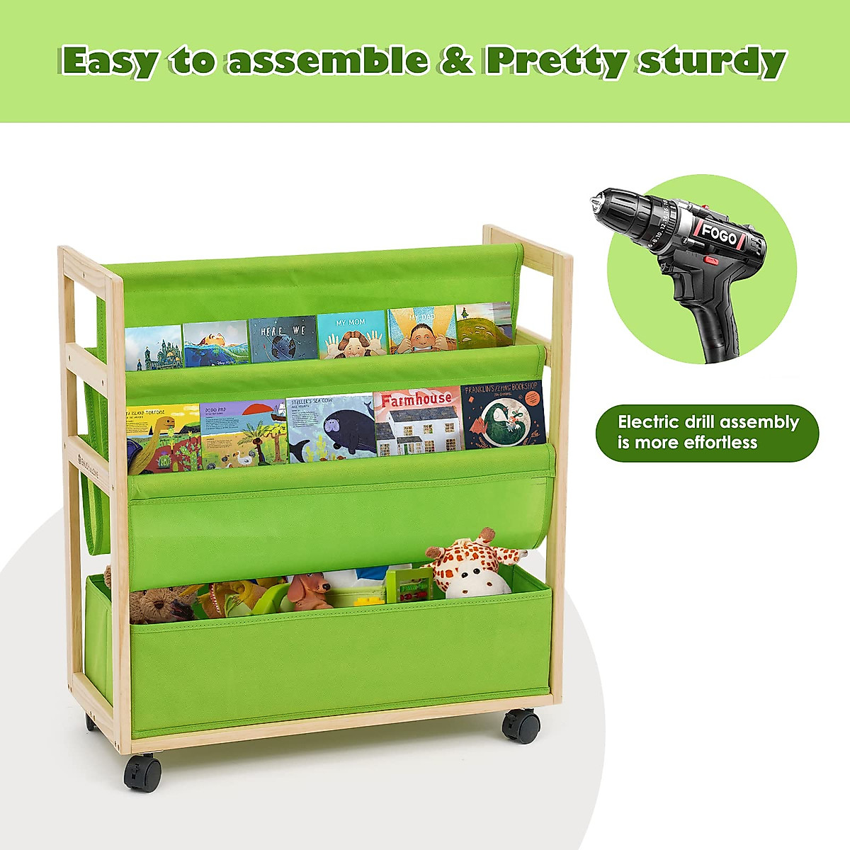 Jomifin Rolling Bookshelf with Toys Storage Bins, Kids Sling Book Shelf with Wheels Large Capacity for Kids Bedroom Playroom - Double Sided