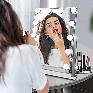 SLIMOON Hollywood Vanity Mirror with Lights, 12 Dimmable LED Bulbs Lighted Makeup Mirror with Detachable 10X Magnification Mirror, 1000mAh Rechargeable, 3 Color Lights, Touch Control