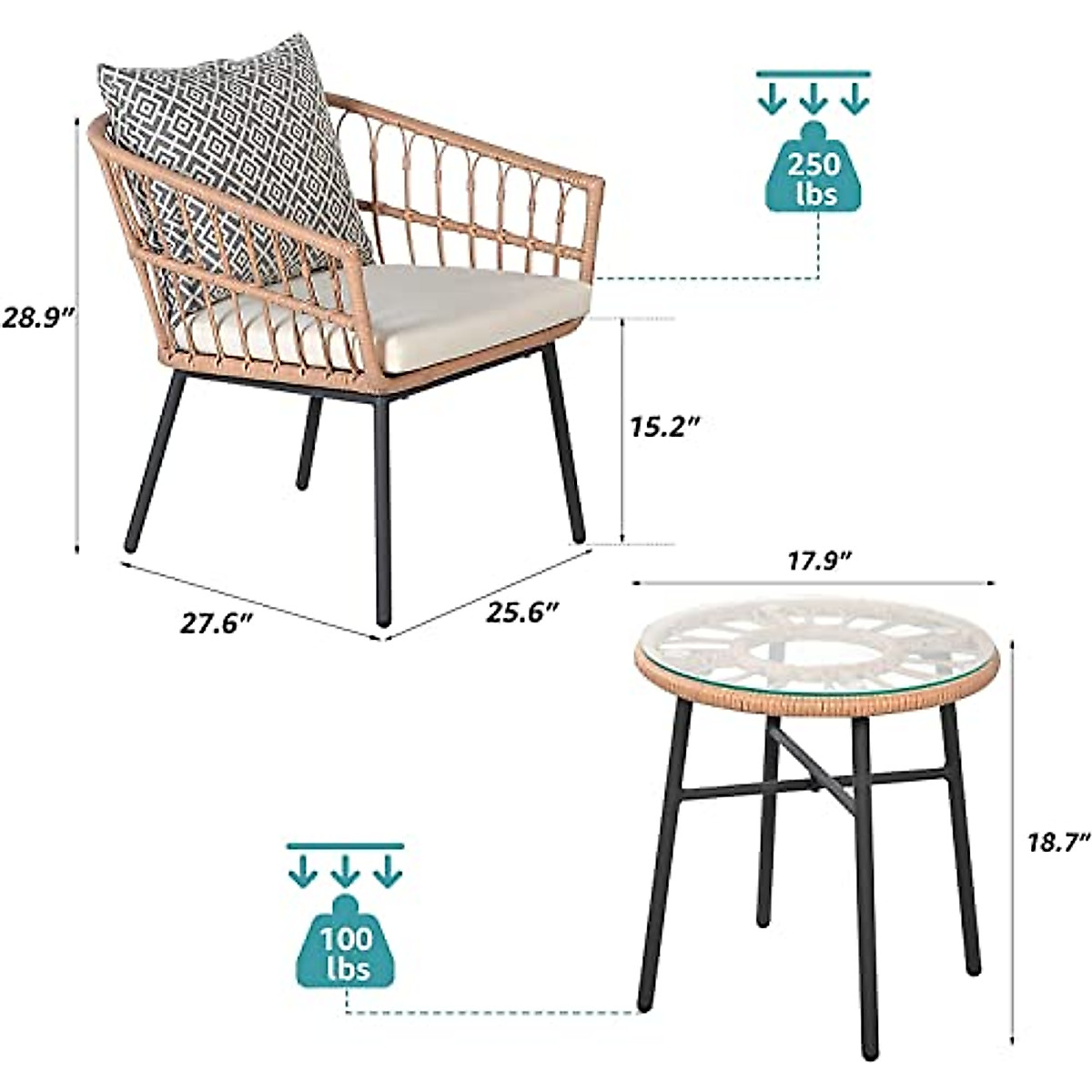 Fangflower Weather Patio Bistro Set, Outdoor Furniture Tempered Coffee Table, and Wicker Chairs for Garden, Balcony, Yard Poolside, White