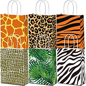 24 Pieces Animal Print Gift Bags Safari Jungle Party Favor Bag with Handle, Paper Zoo Wildlife Goodie Treat Bags Leopard Tiger Zebra Giraffe Pattern for Animal Themed Baby Shower Birthday Supplies