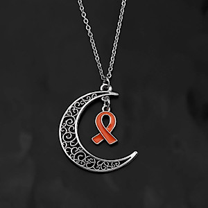 BEKECH Multiple Sclerosis MS Awareness Gift Orange Ribbon Crescent Moon Charm ADHD Awareness Necklace for MS Warrior