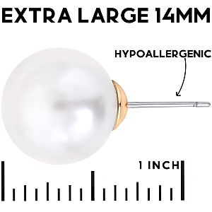 Large Pearl Earrings for Women - Big Pearl Earrings for Women Studs, Large Pearl Studs Earrings for Women, Oversized Pearl Earrings 14mm White Faux Pearl Earring Studs, Big Stud Earrings for Women