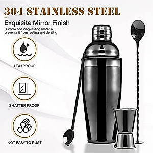 Purism Cocktail Shaker,4-Piece Stainless Steel Bartender Kit Essential Cocktail Bar Tool Set,25 oz Martini Shaker with a Built in Strainer lid &Manual of Recipe, Bar Set for Home Drink Mixing（Black）