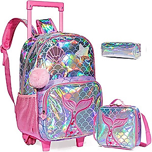 ZBAOGTW Mermaid Rolling Backpack for Girls Kids Backpack with Wheels for Elementary Kindergarten Girls Wheeled Backpack Carry on Luggage for School Travel