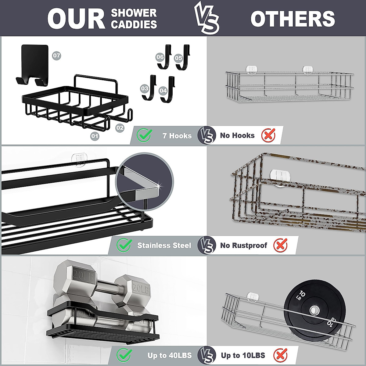 Ace Initiatives Shower Caddy 4 Pack, Adhesive Shower Organizer for Bathroom Storage & Kitchen, No Drilling, Large Capacity, Rustproof Stainless Steel Bathroom Organizer, Bathroom Shower Shelves