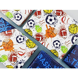 Sports Gift Double Side Reversible Wrapping Paper 4 Sheets Folded Flat 20x30 inches per sheet, Rugby Basketball Tennis Baseball Football Soccer Volleyball Gift Wrap Paper For Boys Men Women Kids Unique Xmas Decorative Paper and Birthday Holiday