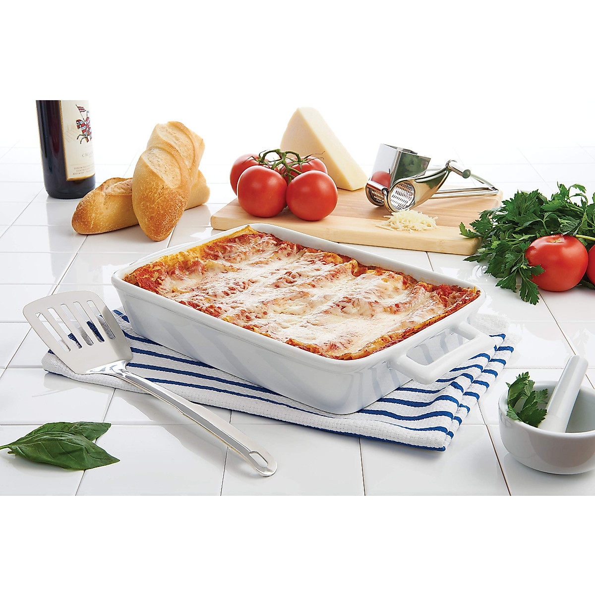 HIC Kitchen Rectangular Lasagna Pan with Handles, Fine White Porcelain, 13 x 9 x 2.5-Inches