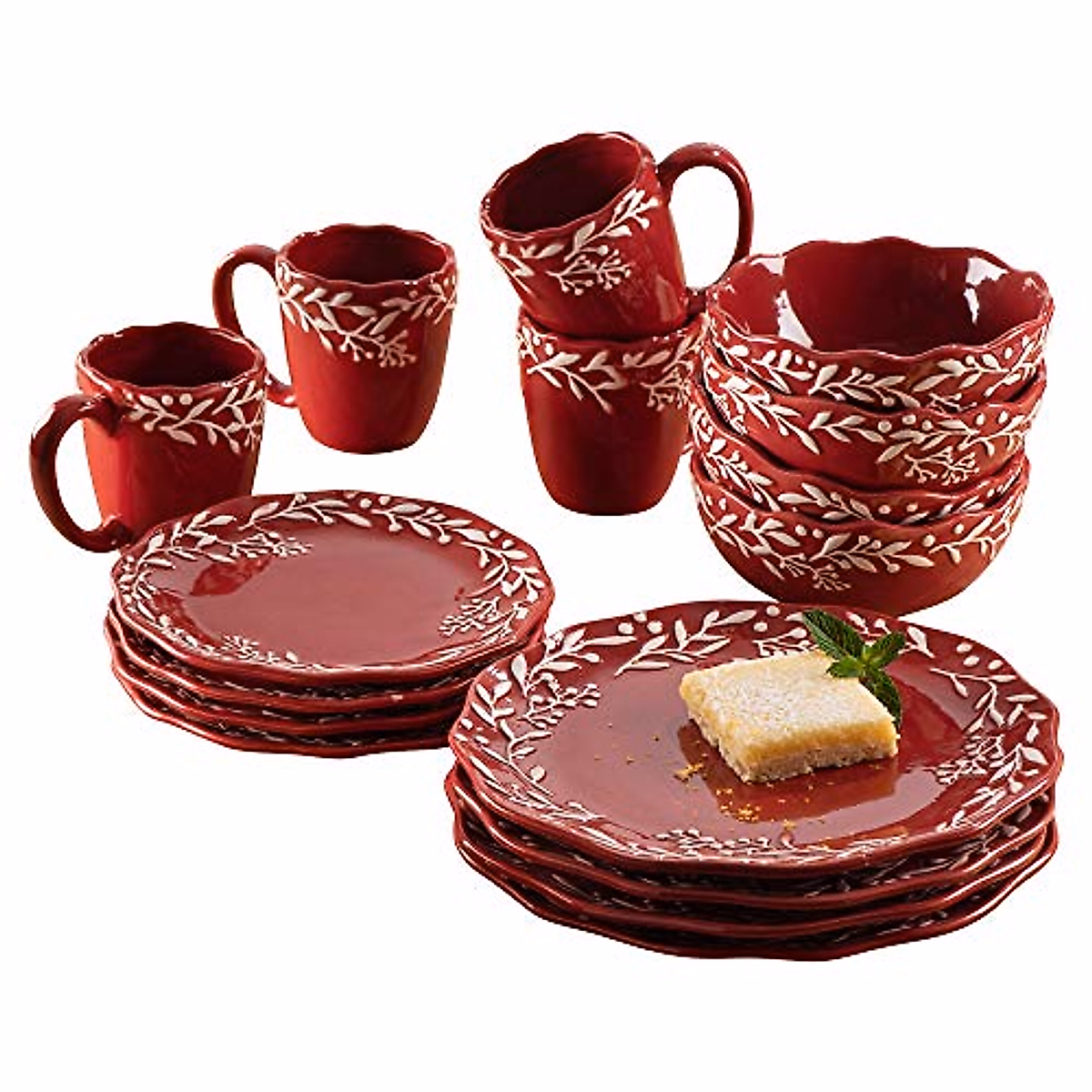 Bianca Mistletoe Holiday Round Dinnerware Set – 16-Piece Ceramic Dinner Party Collection w/ 4 Dinner Plates, 4 Salad Plates, 4 Bowls & 4 Mugs – Unique Gift Idea for Any Special Occasion, Red
