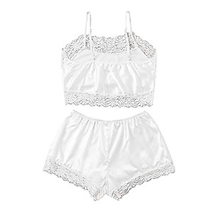 SweatyRocks Women's Satin Lace Sleepwear Spaghetti Strap Top and Shorts Pajama Set White M