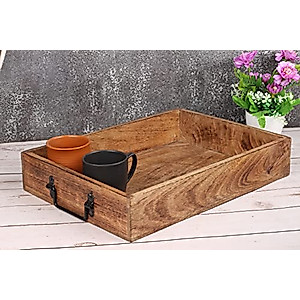 Wooden Decorative Serving Tray with Metal Handles | Wood Trays for Breakfast in Bed, Lunch, Dinner, Appetizers, Patio, Ottoman, Coffee Table, Party (15" X 11" x 2.75")