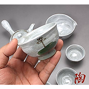 Korean Style Buncheong Porcelain Lotus Flower Tea Ceremony Complete Service Gift Set Ceramic Pottery 11.8 oz (350ml) Side Handle Tea Pot Cups Saucers Teapot Pitcher Bowl for Cooling Hot Water