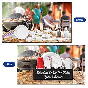 Paper Plate Organizer Holder for Countertop, Silverware Caddy with 6 Compartments for Plates, Cups, Fork, Knives, Spoon and Napkins, Paper Plate and Utensil Caddy for Party, Camping, Picnic (Black)