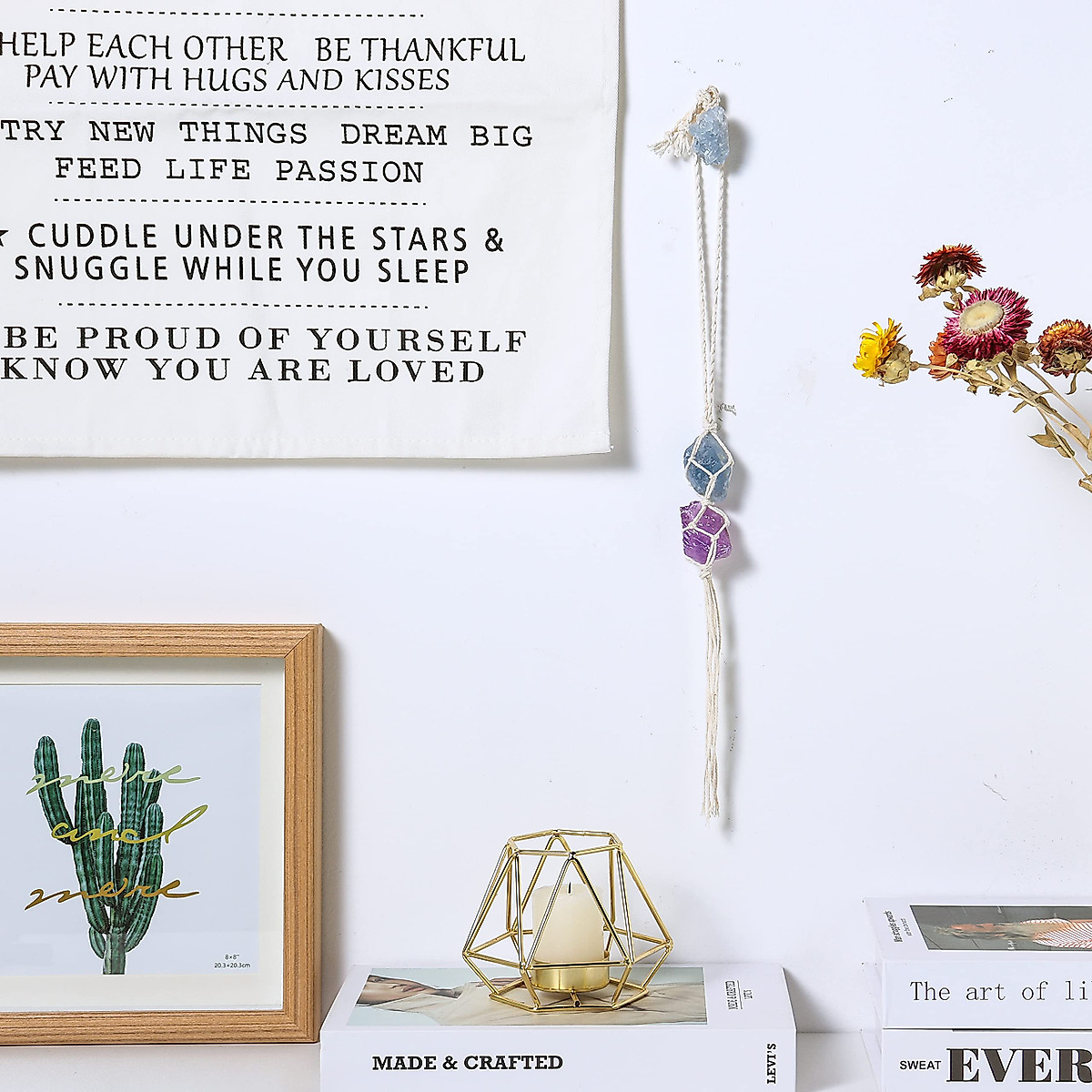 Runyangshi Natural Healing Crystal Hand Woven Net Bag Pendant Black Tourmaline Brazil Amethyst Rough Stone Mine Standard Car Hanging Ornaments Bohemian Style Reiki Energy Home Garden Decor