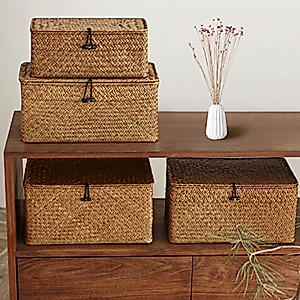 Wicker Storage Basket with Lid, Natural Woven Rattan Seagrass Storage Box Rectangular Household Organizer Boxes Shelf Wardrobe Organizer (L)