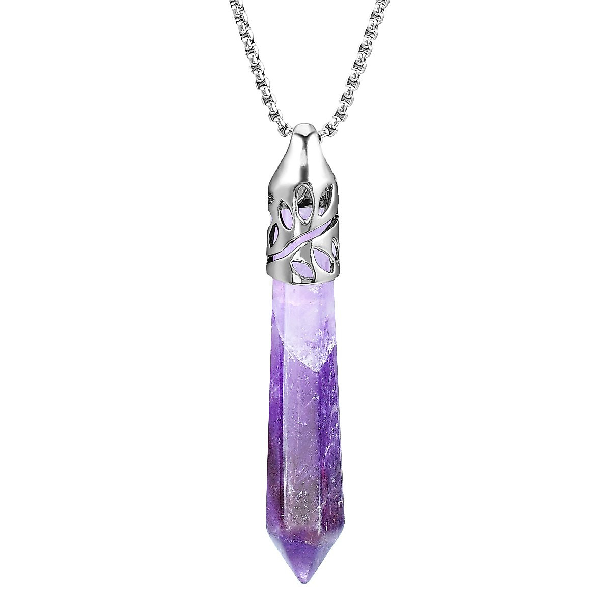 BEADNOVA Healing Crystal Necklace for Women Men Natural Amethyst Quartz Crystal Pendant Energy Healing Gemstones Jewelry Pendulum Crystal Divination (Hexagonal,18 Inches Stainless Steel Chain)
