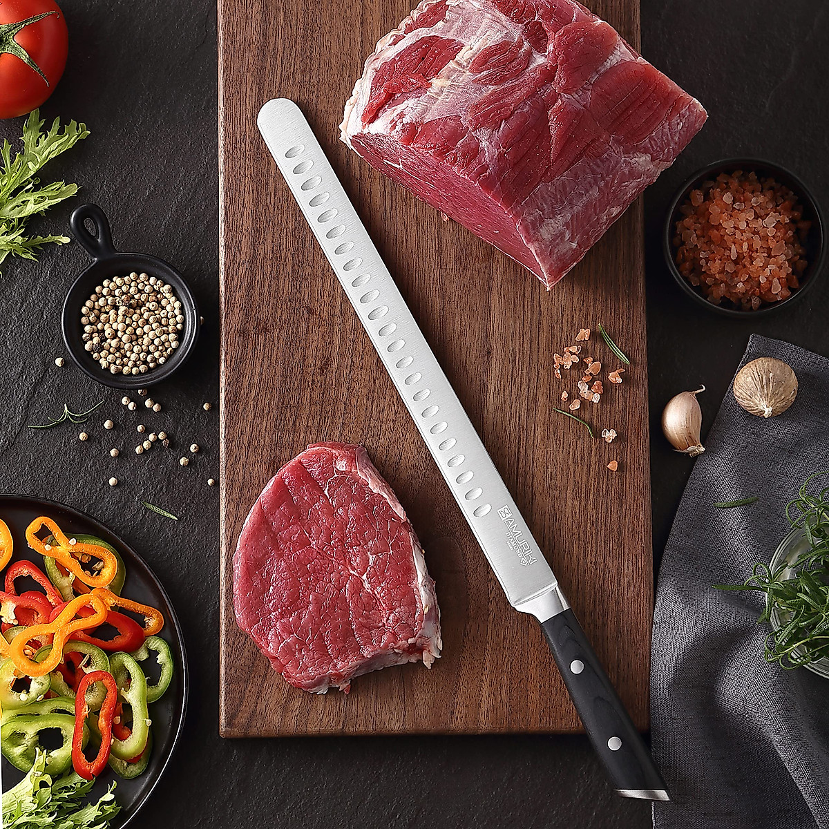 SAMURIKI Brisket Knife - Ultimate 12-inch Carving Knife, Slicing Knife with Granton Edge Designed for Briskets, Roasts, Meat, BBQ, etc. (Slicing Knife 12")