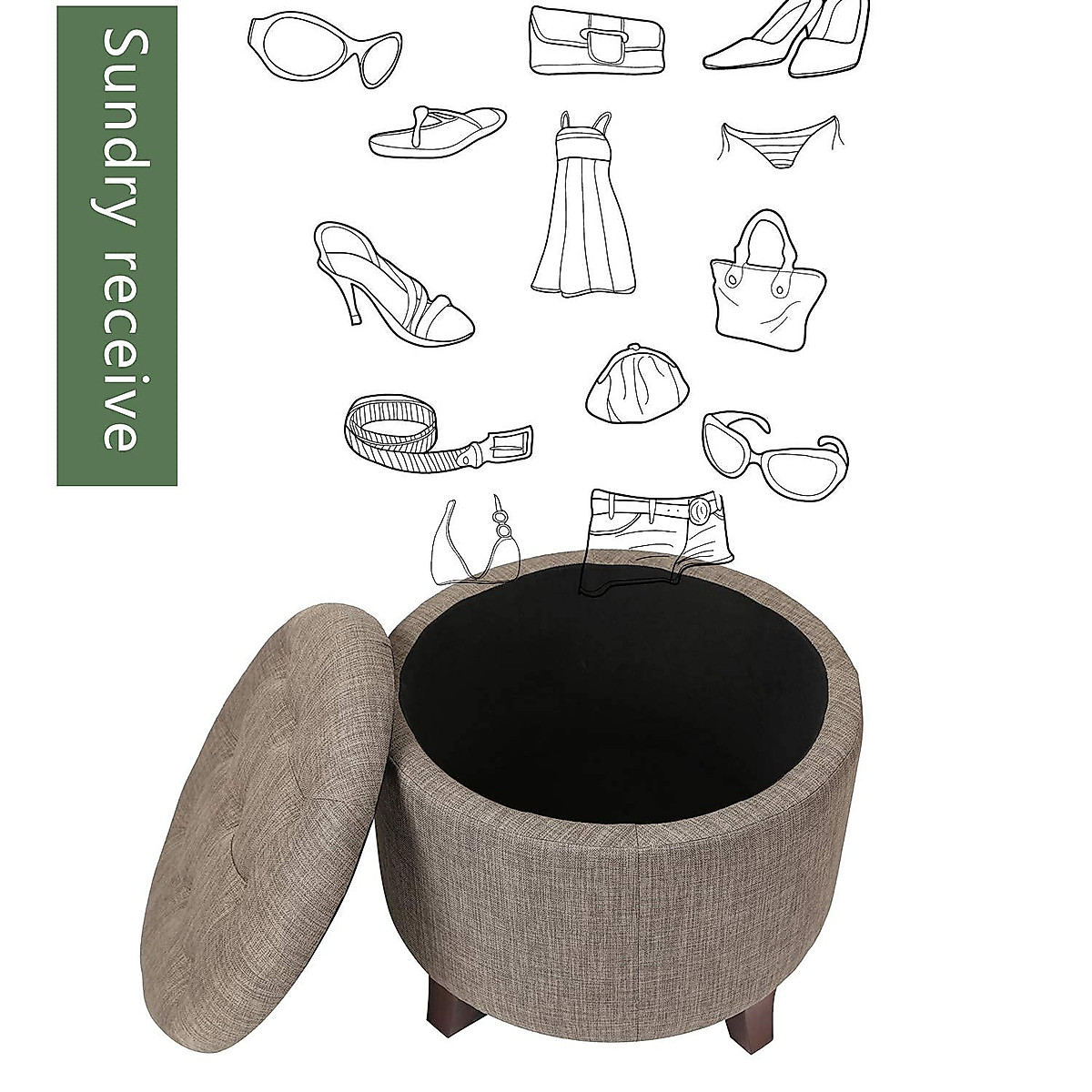 Joveco Upholstered Round Button Tufted Storage Ottoman, Footrest with Removable Lid for Living Room Bedroom (Tan)