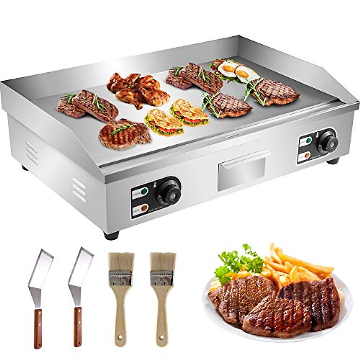 VEVOR 30" Commercial Electric Griddle 3000W Electric Countertop Griddle Non-Stick Restaurant 110V Teppanyaki Flat Top Grill Stainless Steel Adjustable Temperature Control 122°F-572°F (NO PLUG)