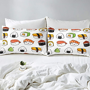 Sushi Pattern Bedding Set Twin Size Cute Bed Set for Girls Teens Bedroom Decor Kids Cartoon Japanese Style Fitted Sheet Soft Microfiber Kawaii Bed Cover (1 Fitted Sheet + 1 Pillow Case)
