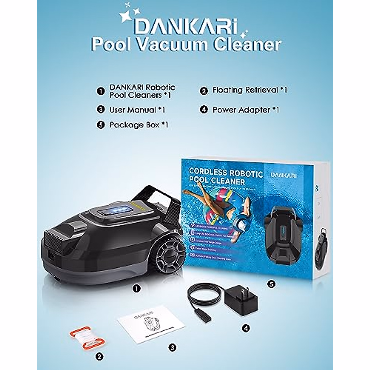 DANKARI Cordless Pool Robot Vacuum, Rechargeable Robotic Pool Cleaner for Above Ground & In-Ground Swimming Flat Pools