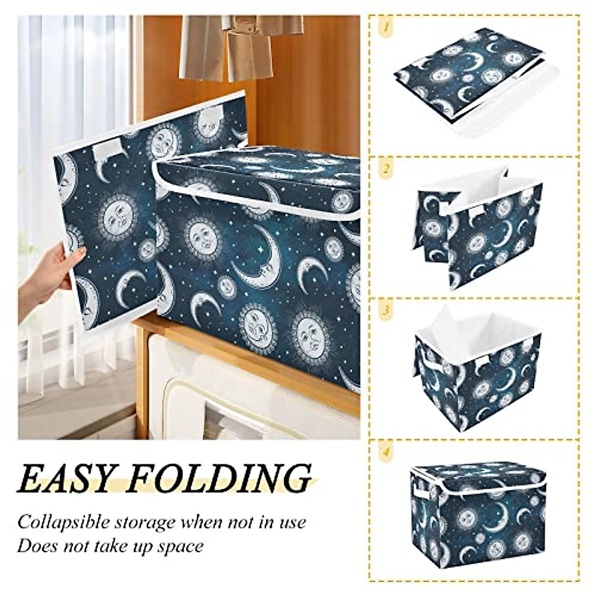 Krafig Boho Chic Sun Moon White Foldable Storage Box Large Cube Organizer Bins Containers Baskets with Lids Handles for Closet Organization, Shelves, Clothes, Toys