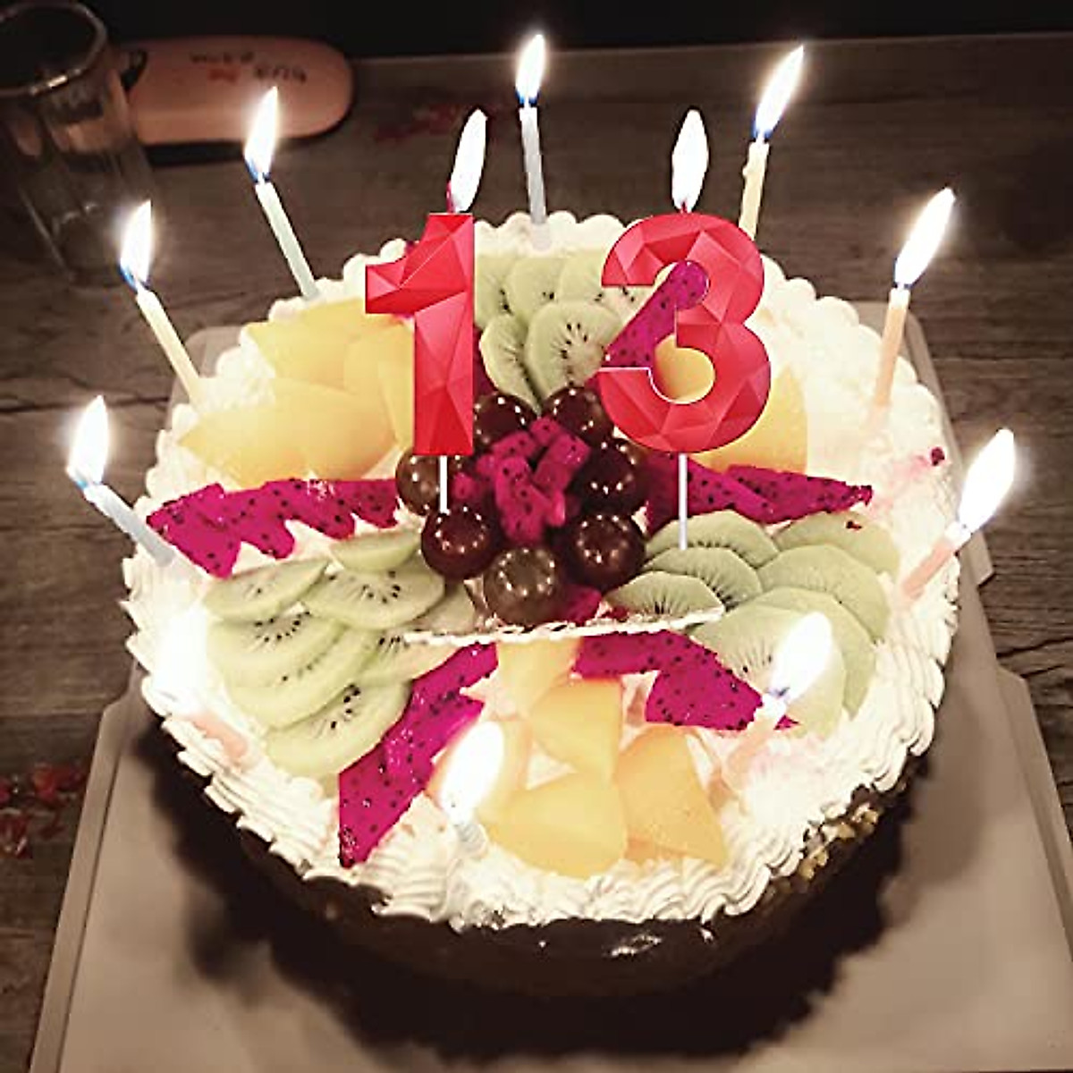 13th Birthday Candles,3D Diamond Shape Number 13 Candles Happy Birthday Cake Topper Numeral Candles Decoration for Reunions Theme Party Anniversary Birthday Party Supplies (Red,13)