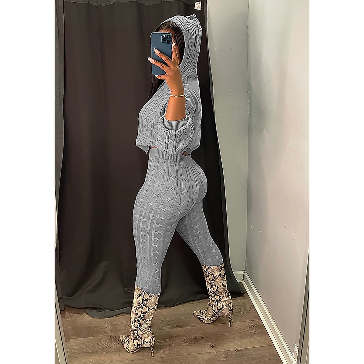 NRTHYE Hooded Sweater Two Piece Set Autumn Winter Women Solid Long Sleeve Crop Top And Pants Rib Knitted Suits Tracksuit