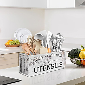 Suli Extra Large Kitchen Utensils Holder with 4 Compartments, Wooden Utensil Organizer for Kitchen Countertop, Farmhouse Kitchen Decor, Rustic Cooking Utensil - White grain
