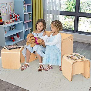 Posdutti Kids Table & Chair Sets, Multipurpose Toddler Furniture 3-Piece Set w/Wood & Thicker Planks, Space-Saving Design, No Assembly Required, Children Learning Desk for Home Kindergarten, Natural