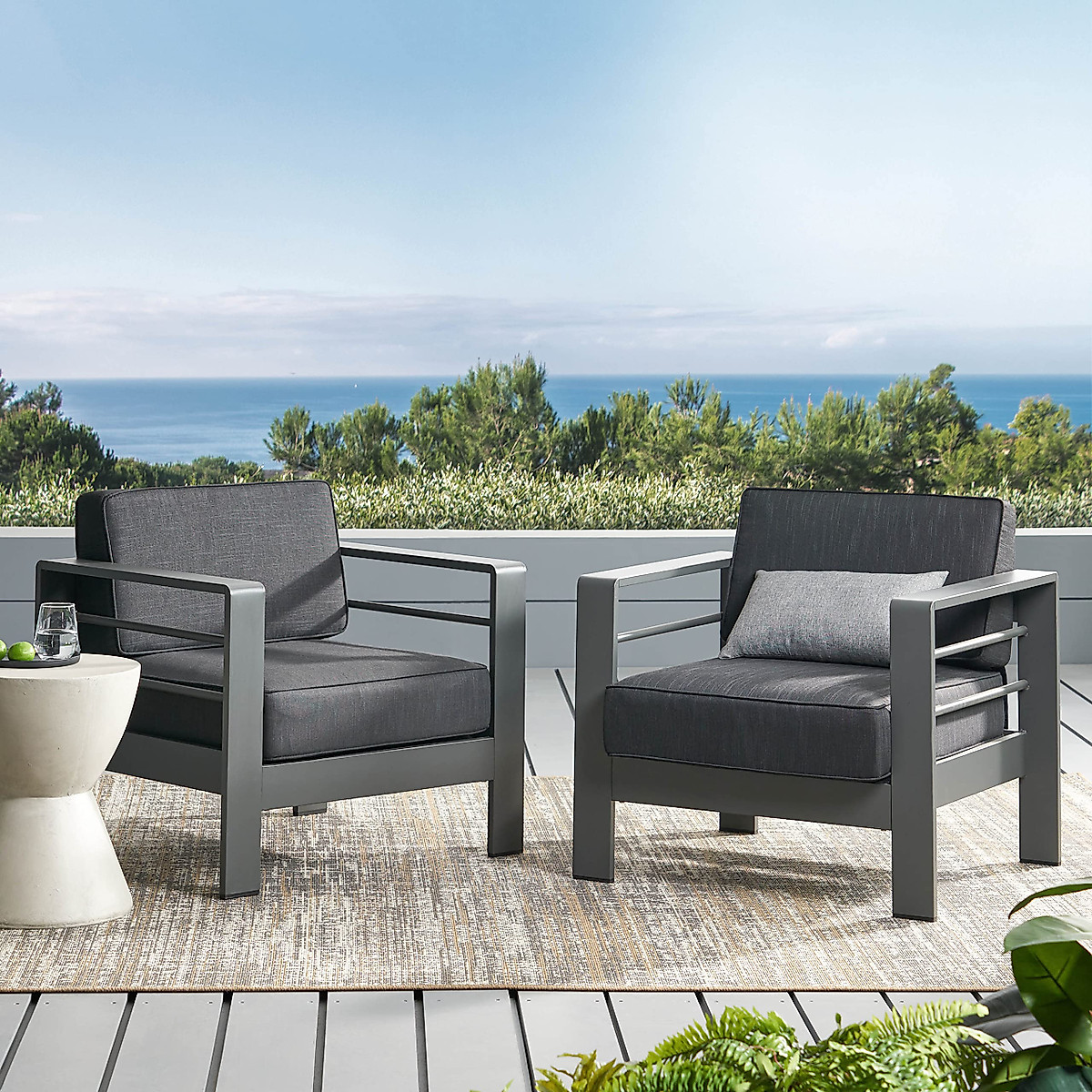 Christopher Knight Home Crested Bay Outdoor Aluminum Club Chairs with Water Resistant Cushions, 2-Pcs Set, Grey / Dark Grey