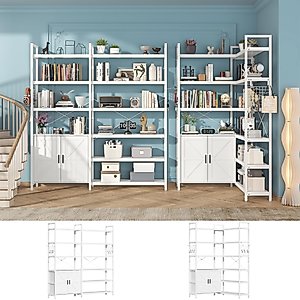 Nosepen 6 Tire Large White L Shaped Bookshelf & Corner Bookcase with Storage Cabinet and 2 Barn Doors and 10 Storage Shelves, 71.3" Tall Farmhouse Etagere L Shaped Book-Shelf with Metal Frame(White)