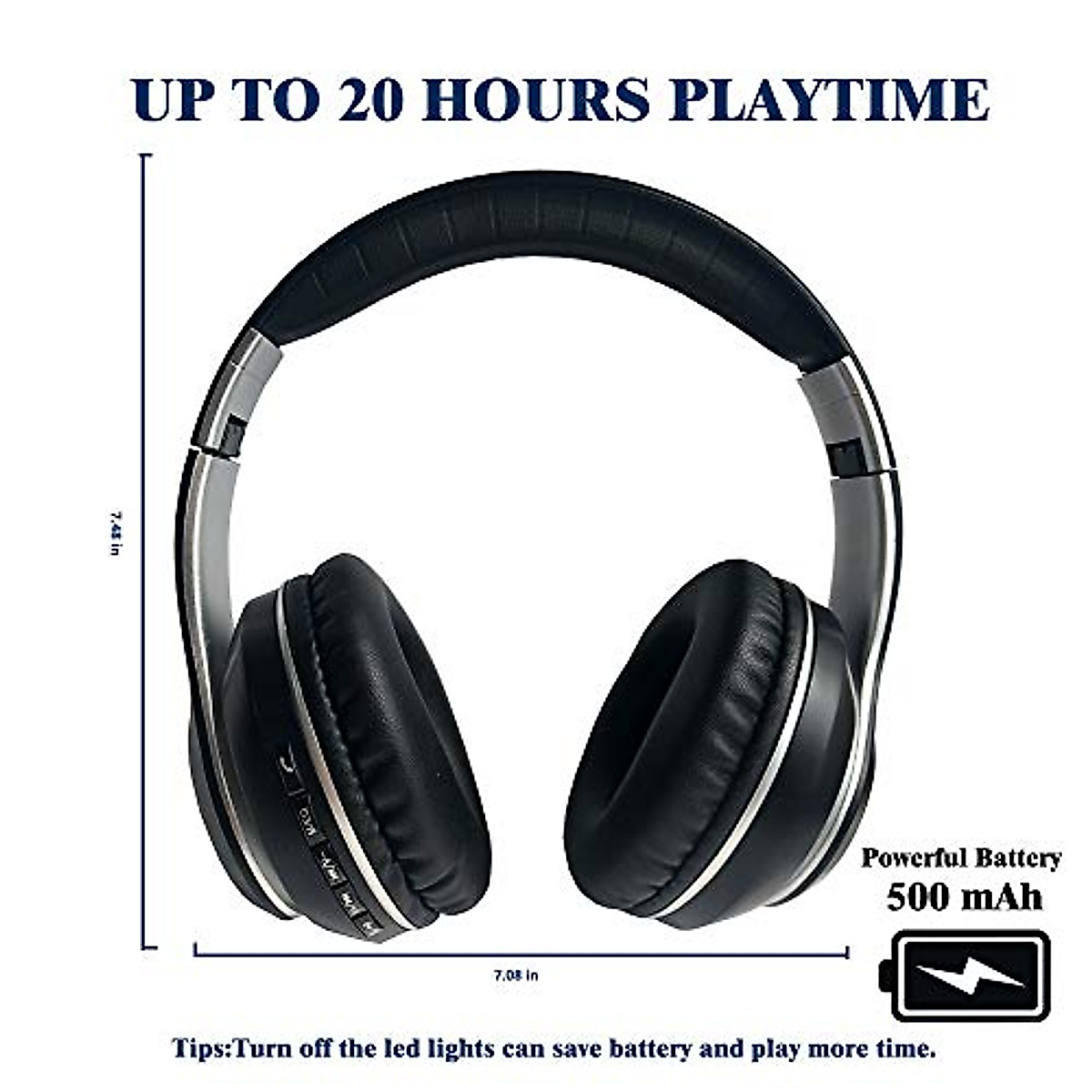 Bluetooth Headphones,Wireless/Wired Over Ear Headset,Hi-Fi Bass Stereo, Built-in Mic,LED Light Up,Foldable,Micro SD/TF, FM for Adult Teen Kid for Phone/Samsung/Pad/PC/Android/Laptop/TV(Black)