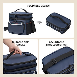 Everfun Insulated Lunch Bag Soft Lunch Box for Men Dual Compartments Small Lunch Box Collapsible Waterproof Leak-proof for Work, Navy