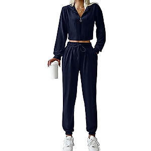 KIRUNDO Women 2 Piece Outfits y2k Fashion Sweat Sets Casual Zip Up Long Sleeve Hoodie Jacket And Sweatpants Work Out Sets (Navy, X-Large)
