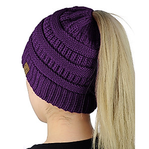C.C BeanieTail Soft Stretch Cable Knit Messy High Bun Ponytail Beanie Hat, Purple