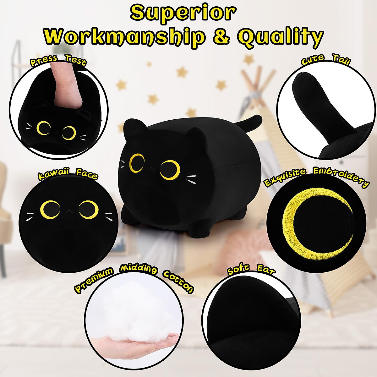 Black Cat Plush Stuffed Animal-11.8'' Black Cat Plush Toy, Black Cat Plush Pillow, Cute Soft Plush Cat Plushie Stuffed Cat Toys, Cat Plush Pillows Toy Doll Decoration Doll Gift for Kids Girls Boys