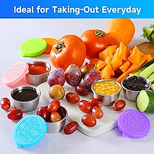 6 Pack 1.6 OZ Salad Dressing Containers To Go, Advanced Stainless Steel Condiment Containers with Silicone Lids Easy to Open, Leakproof colorful Compact Salad Sauce Cups Easy to Carry Everyday