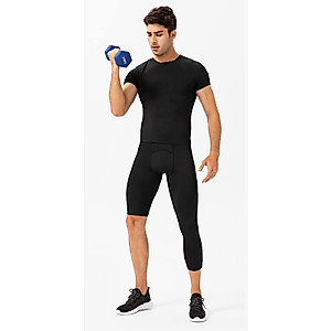 Men’s Compression Pants One Leg 3/4 Capri Tights Leggings and Arm Sleeve for Gym Running Basketball(B R Small)