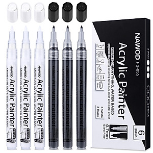 NAWOD Paint Pens White Black Acrylic Marker 6 Pack, Acrylic Permanent Marker, White Paint Pens for Rock Ceramic Wooden Leather Glass Painting Metal Tire, 0.7mm Extra Fine Point Quick Drying