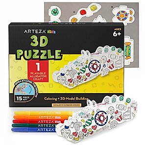 Arteza Kids 3D Coloring Puzzle Set, 1 Alligator to Craft, Model Kit with 10 Foam Pieces, 5 Nontoxic Markers, & Easy-to-Follow Instructions, Art Supplies for Kids’ Activities