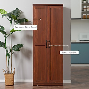 HOMCOM 63" 2-Door Kitchen Pantry, Freestanding Storage Cabinet with 5-Tier Shelving and 2 Adjustable Shelves for Dining Room, Brown