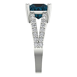 Clara Pucci 2.39ct Princess cut Custom Engraving Solitaire split shank London Blue Topaz Statement Art Deco Ring 14k White Gold SZ 9.5