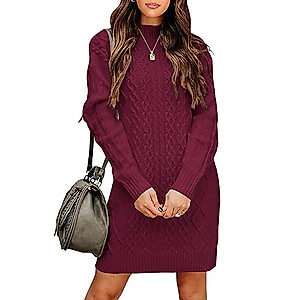 FSHAOES Womens Turtleneck Cable Knit Sweater Dress Fall Winter Long Sleeve Bodycon Mini Dresses Solid Long Pullover Jumper Wine Red
