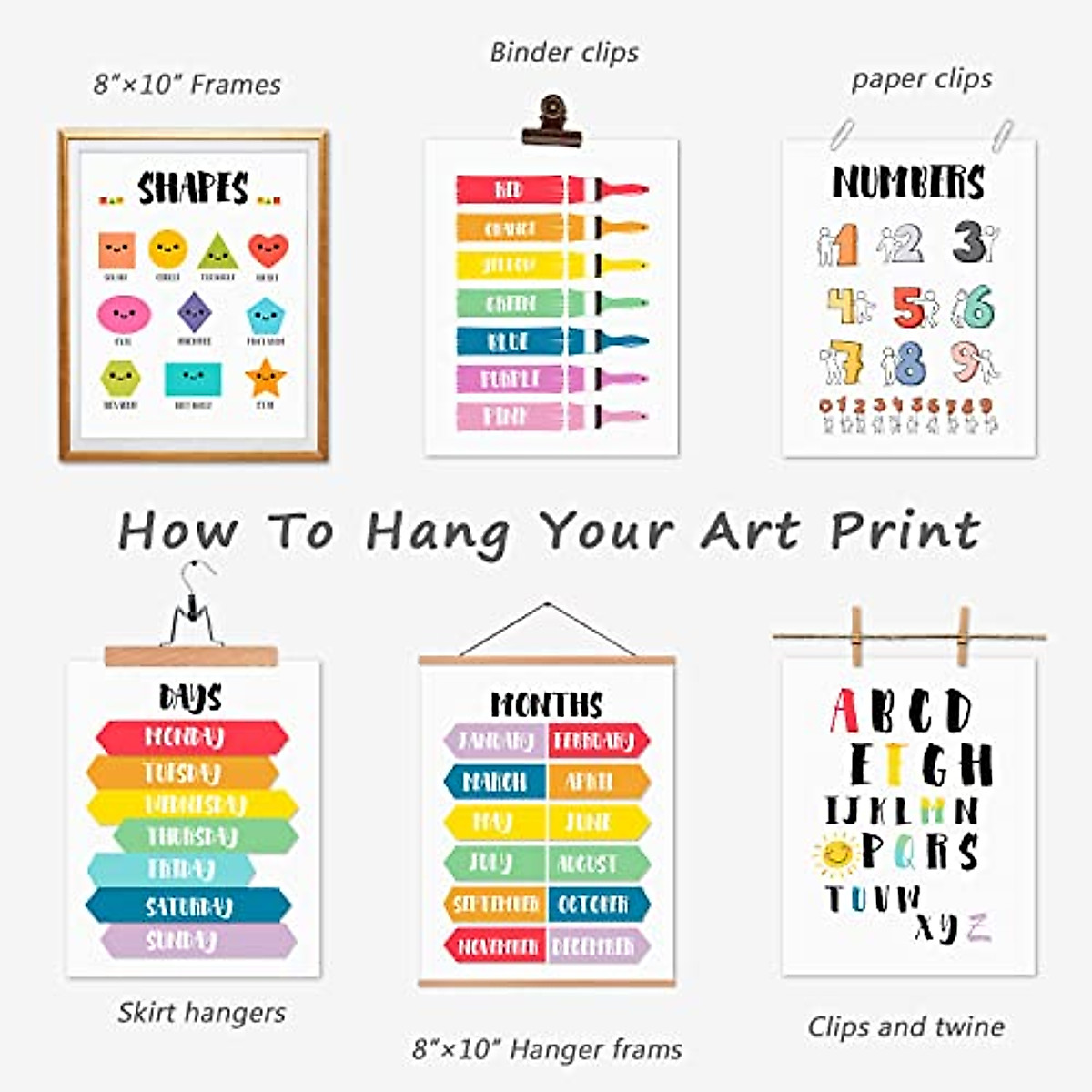 ARPEOTCY Rainbow Kids Playroom Wall Decor, Colorful Wall Art Posters, Educational Wall Art Prints for Nursery Wall Decor, Set of 6, 8x10in, Unframed